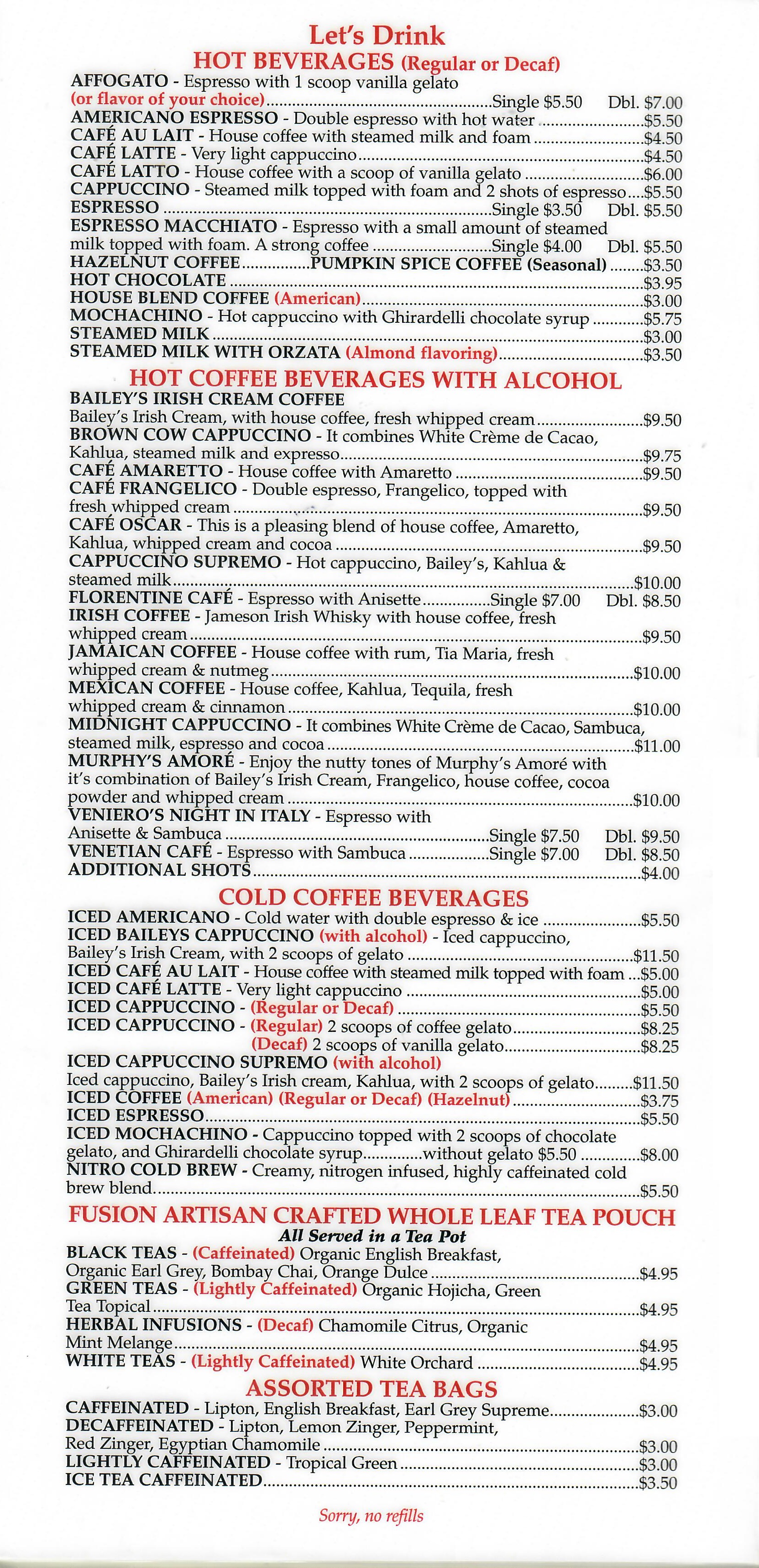 Cafe menu Page Elementor support | Veniero's Pastry New York City ...