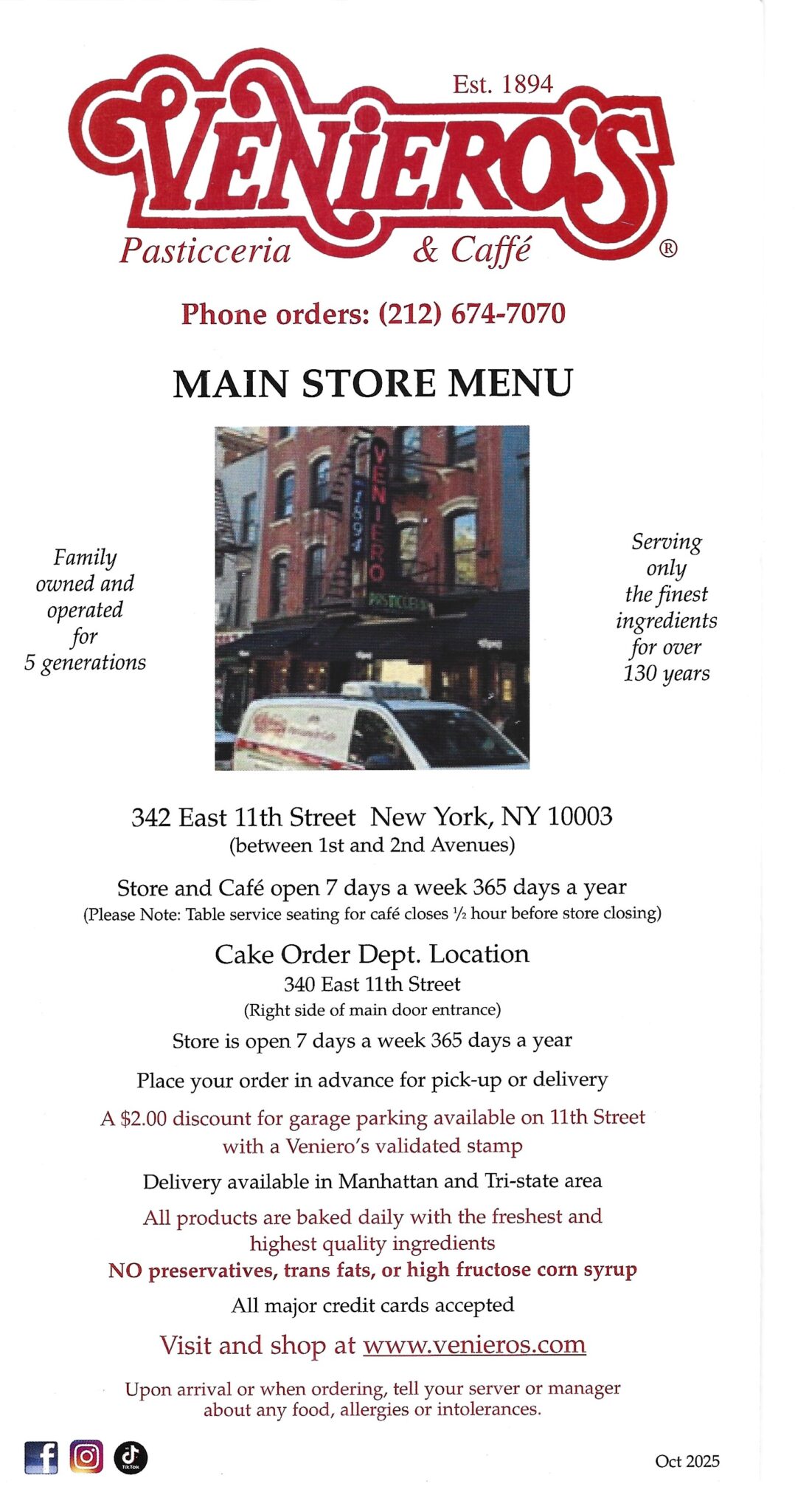 Main Store Menu | Veniero's Pastry New York City | Veniero's Cheesecakes
